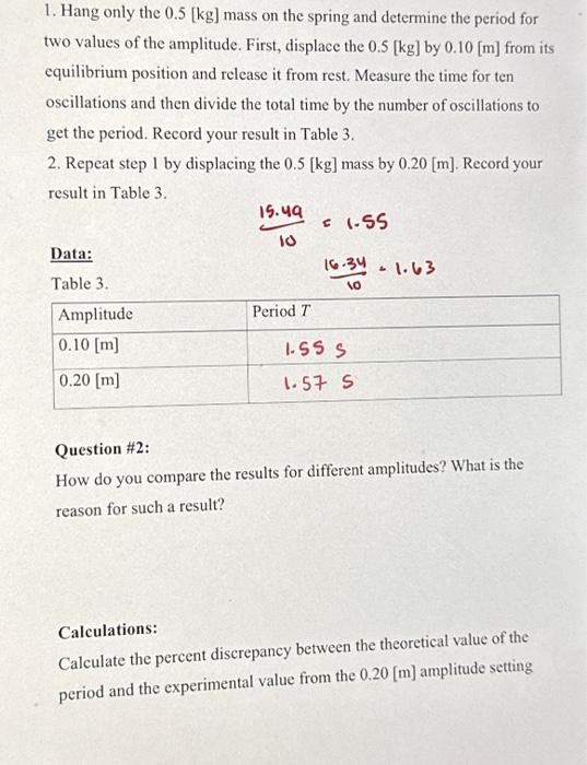 1. Hang only the \\( 0.5[\\mathrm{~kg}] \\) mass on | Chegg.com