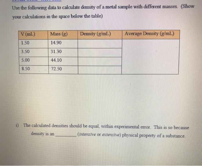 Solved Use the following data to calculate density of a | Chegg.com
