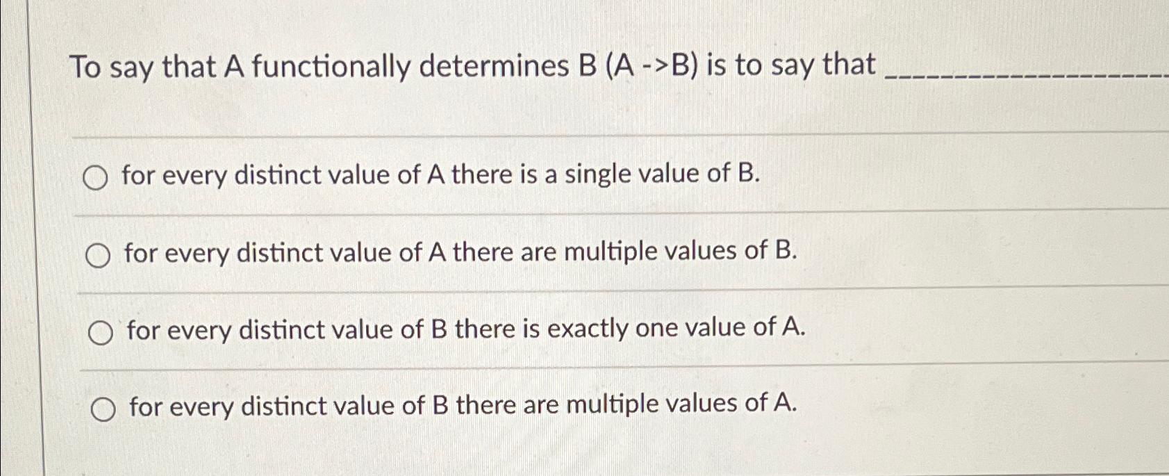 Solved To say that A functionally determines B(A→B) ﻿is to | Chegg.com