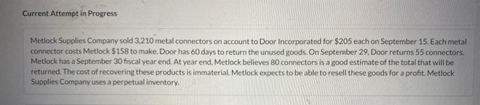 Solved Current Attempt in Progress Metlock Supplies Company | Chegg.com