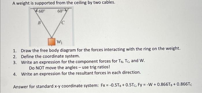 Solved A weight is supported from the ceiling by two cables. | Chegg.com