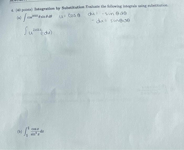 Solved 4. (40 points) Integration by Substitution Evaluate | Chegg.com