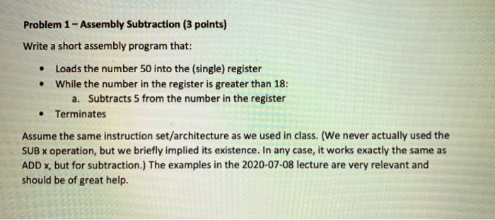 Solved Problem 1 - Assembly Subtraction (3 points) Write a | Chegg.com