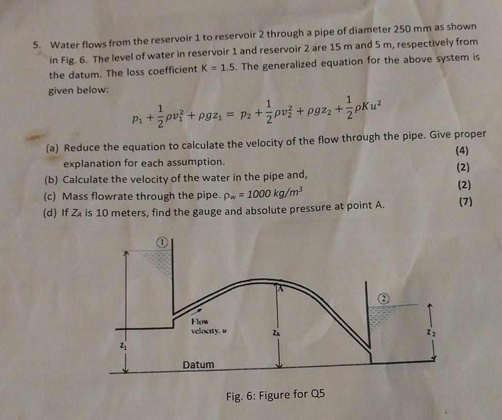 Solved 5. Water flows from the reservoir 1 to reservoir 2 | Chegg.com