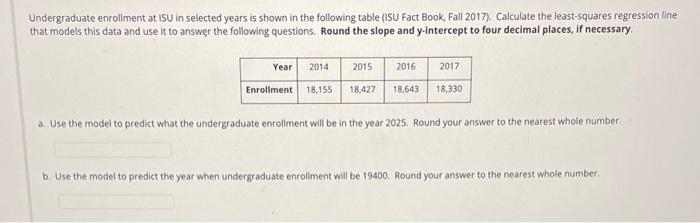 Solved Undergraduate enrollment at ISU in selected years is | Chegg.com