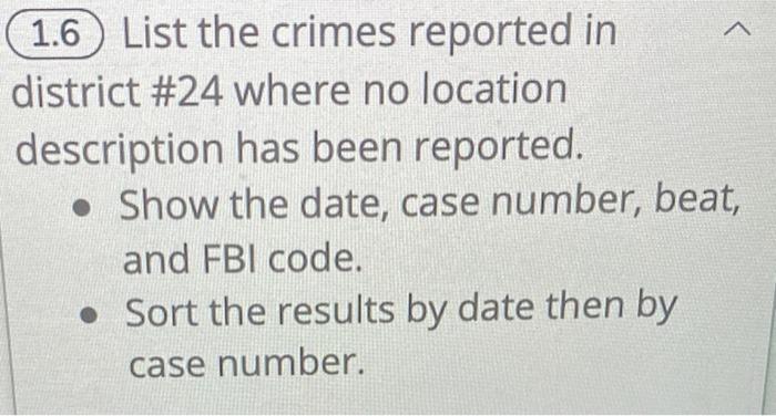 Solved (1.6) List the crimes reported in district \#24 where | Chegg.com