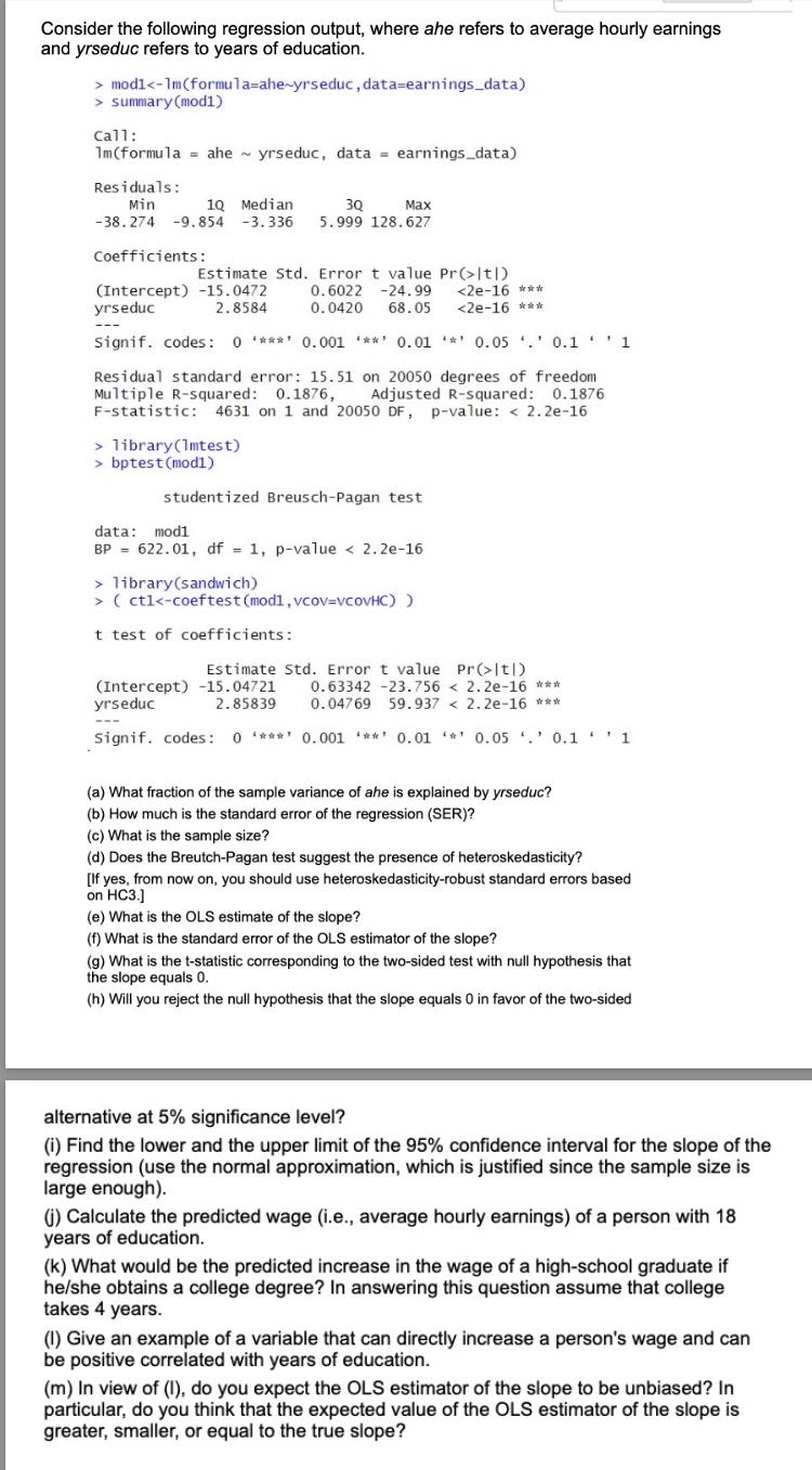Solved Consider the following regression output, where ahe | Chegg.com