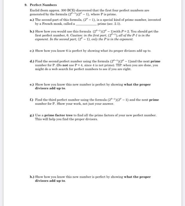Solved 9. Perfect Numbers Euclid (born approx. 300 BCE) | Chegg.com