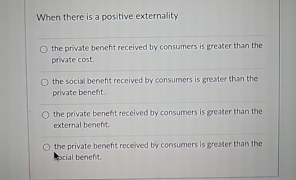 Solved When there is a positive externalitythe private | Chegg.com