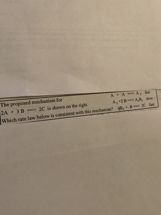 Solved The proposed mechanism for A + A =A, fast 2A + 3B ==> | Chegg.com
