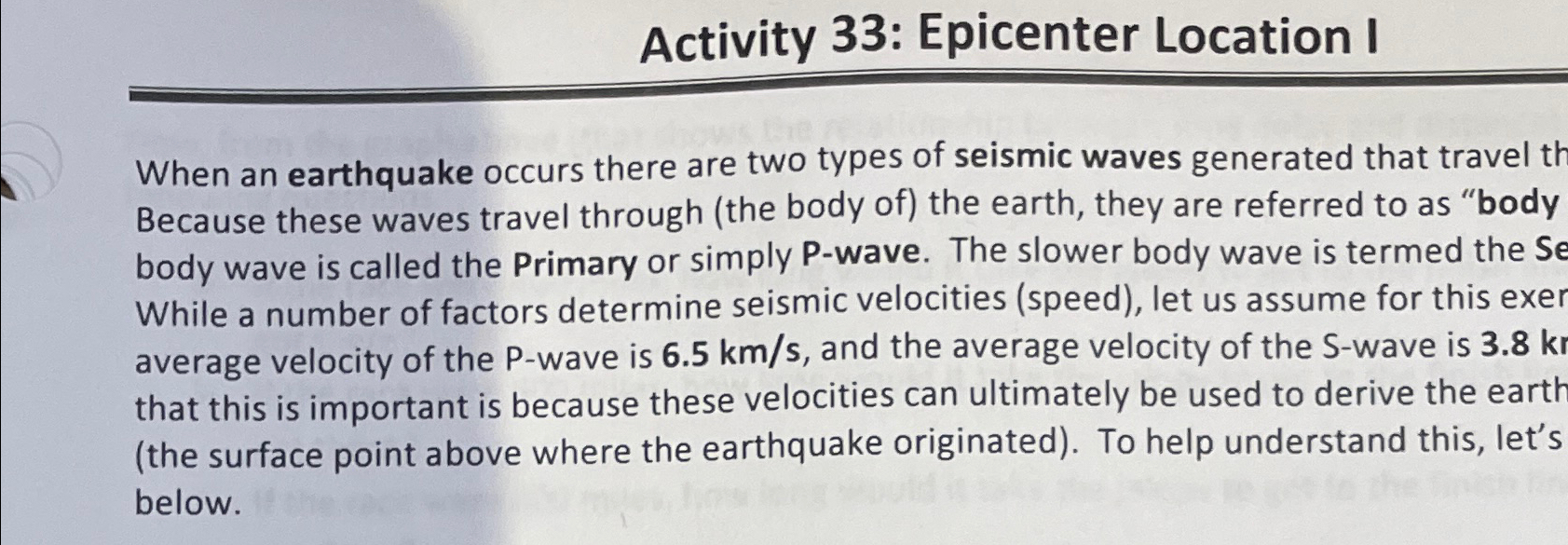 Solved Activity 33: Epicenter Location IWhen an earthquake | Chegg.com