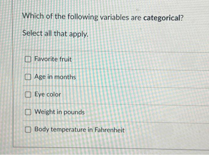 Solved Which of the following variables are categorical? | Chegg.com