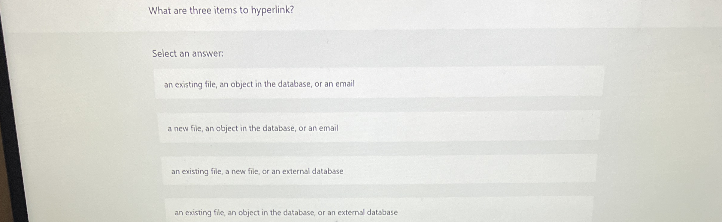 Solved What are three items to hyperlink?Select an answer:an | Chegg.com