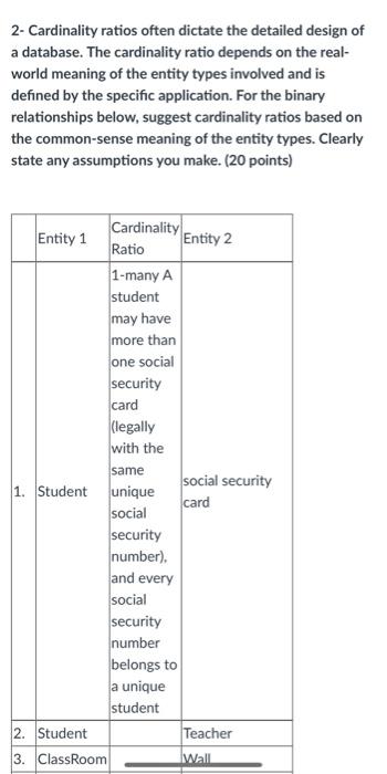 Solved 2- Cardinality ratios often dictate the detailed | Chegg.com