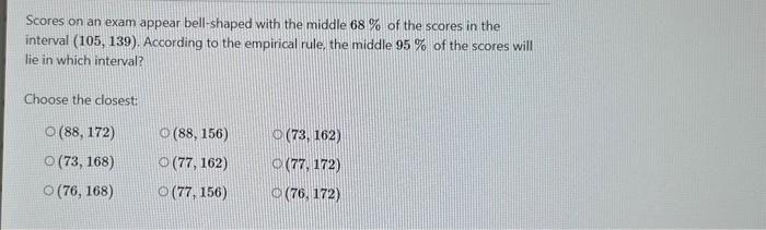 Solved Scores on an exam appear bell-shaped with the middle | Chegg.com