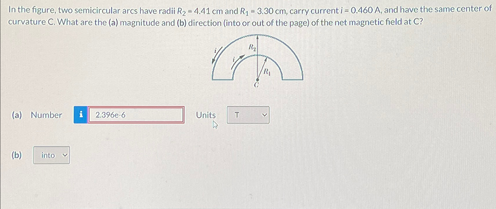 Solved In the figure, two semicircular arcs have radii | Chegg.com