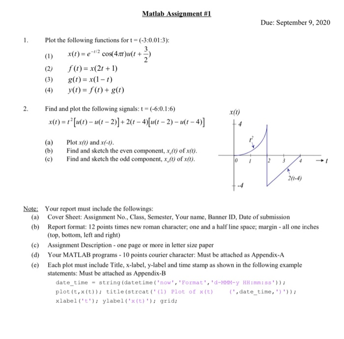 Matlab Assignment #1 Due: September 9, 2020 1. Plot | Chegg.com