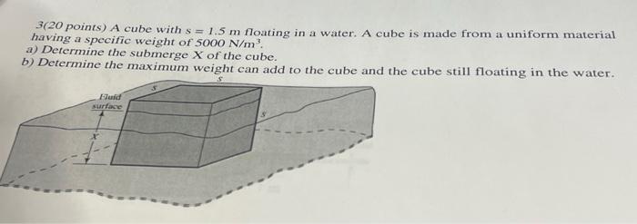 3(20 points) A cube with s=1.5 m floating in a water. | Chegg.com