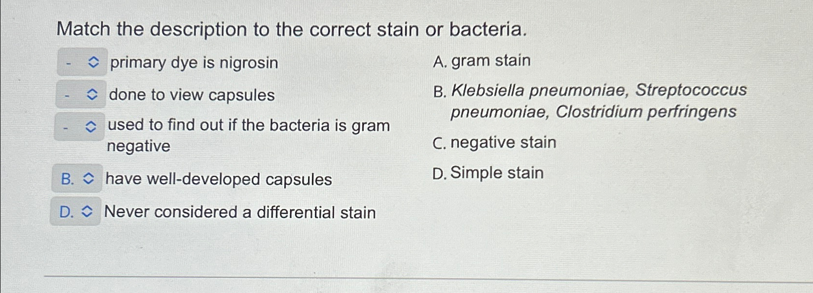 Solved Match the description to the correct stain or | Chegg.com