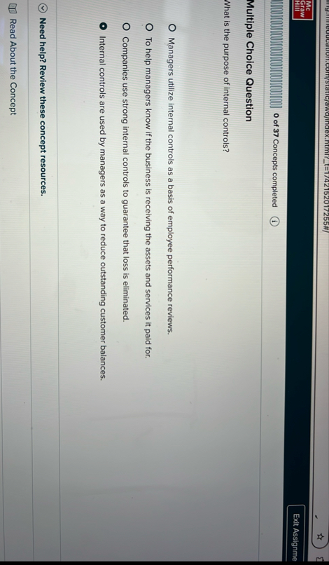 McGrawExit Assignme0 ﻿of 37 ﻿Concepts | Chegg.com
