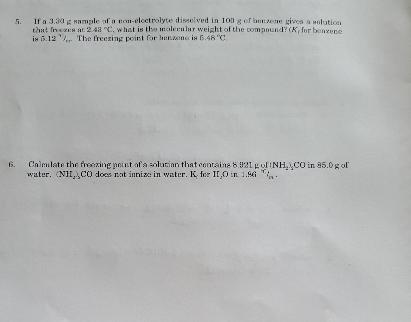Solved 5. If a 3.30 g sample of a non-electrolyte dissolved | Chegg.com