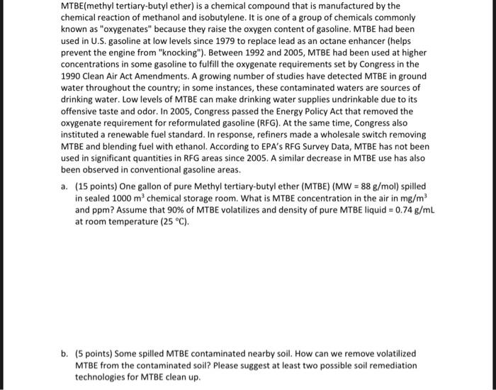 Solved MTBE(methyl tertiary-butyl ether) is a chemical | Chegg.com