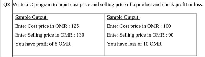 Solved Q2 Write a C program to input cost price and selling | Chegg.com