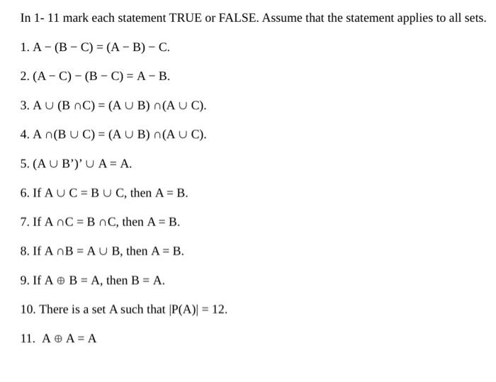 Solved In 1- 11 mark each statement TRUE or FALSE. Assume | Chegg.com