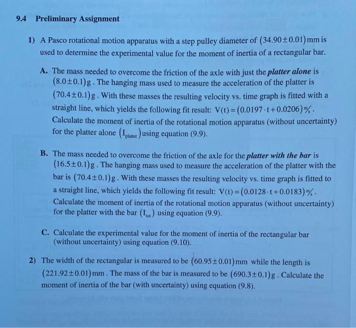 Solved 9.4 Preliminary Assignment 1) A Pasco rotational | Chegg.com