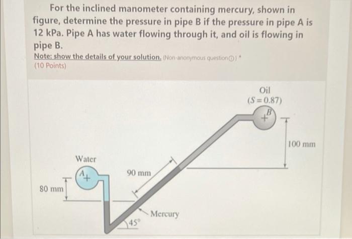 Solved For the inclined manometer containing mercury, shown | Chegg.com