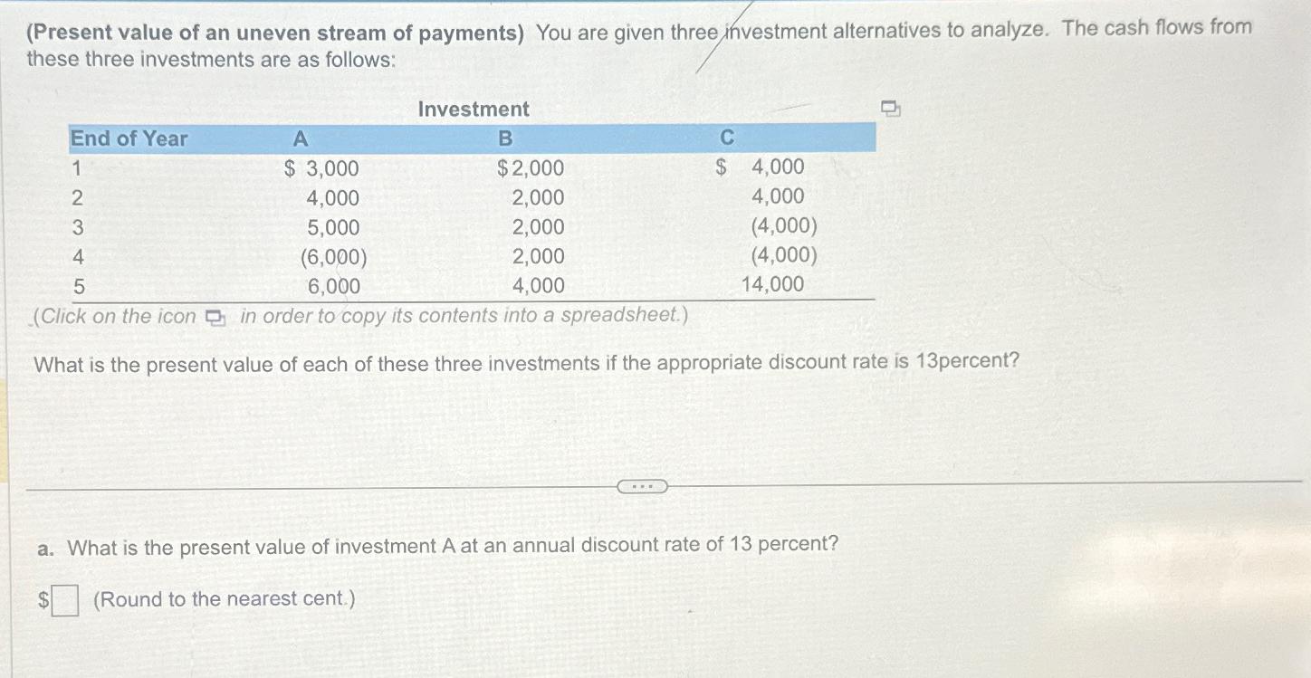 Solved (Present value of an uneven stream of payments) ﻿You | Chegg.com