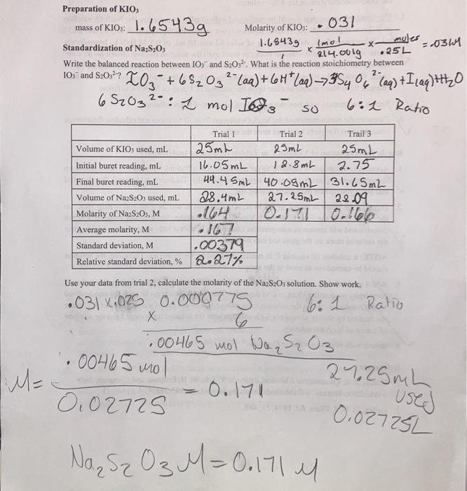 Solved Molarity of Na2S203, Excess KIO3 reacted with vitamin | Chegg.com