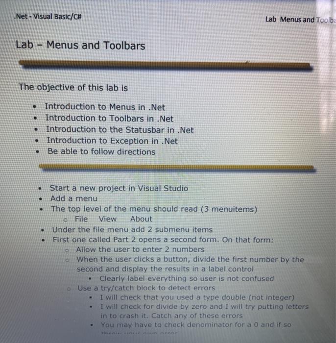 .Net - Visual Basic/C# Lab Menus and Toolba Lab - | Chegg.com