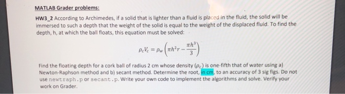 Solved MATLAB Grader problems: HW3_2 According to | Chegg.com