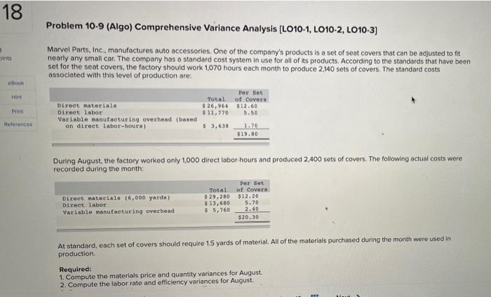 Solved 18 Problem 10-9 (Algo) Comprehensive Variance | Chegg.com