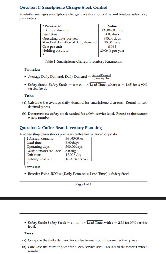 Solved Question 1: Smartphone Charger Stock ControlA | Chegg.com