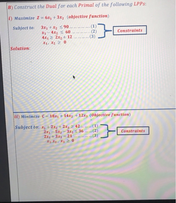 Solved B) Construct the Dual for each Primal of the | Chegg.com
