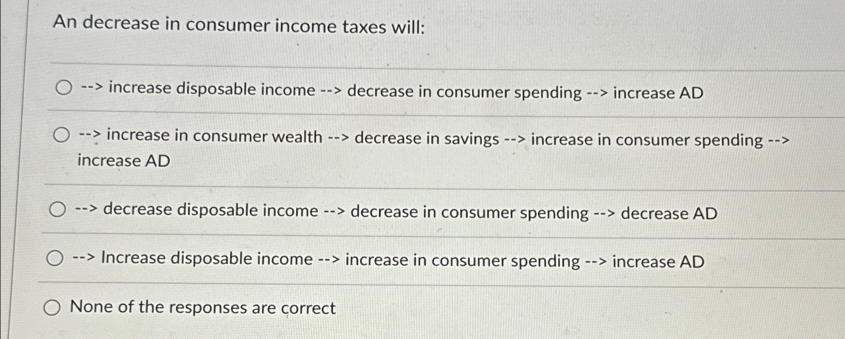 Solved An decrease in consumer income taxes will:--> | Chegg.com