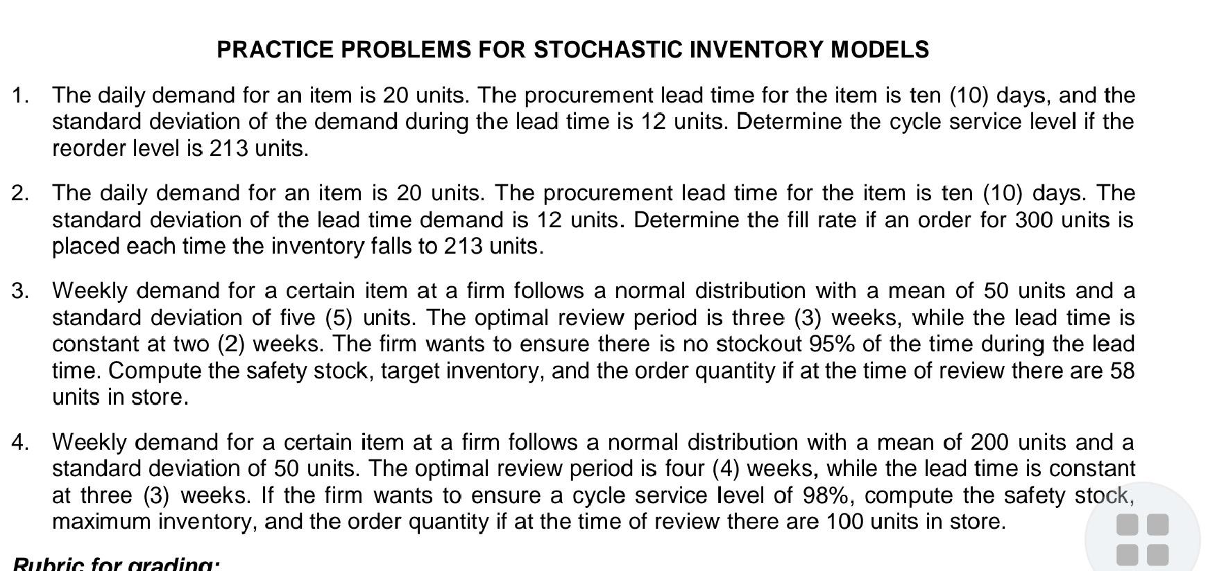 Solved PRACTICE PROBLEMS FOR STOCHASTIC INVENTORY MODELS 1. | Chegg.com