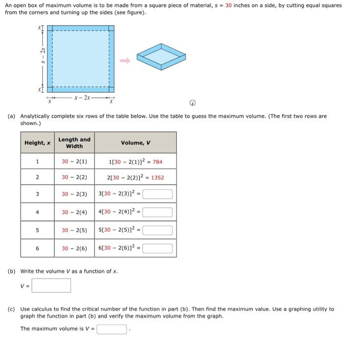 Solved An open box of maximum volume is to be made from a | Chegg.com