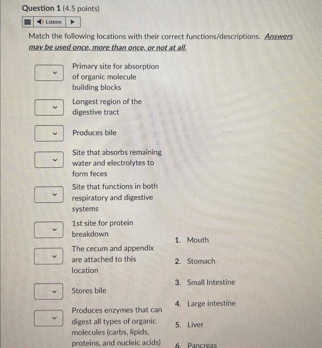 Solved Match the following locations with their correct | Chegg.com