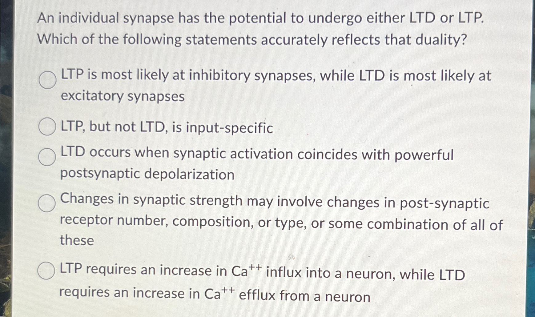 Solved An individual synapse has the potential to undergo | Chegg.com
