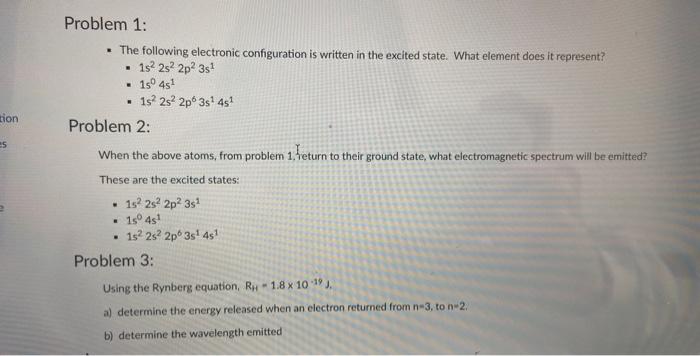 Solved Problem 1: • The following electronic configuration | Chegg.com