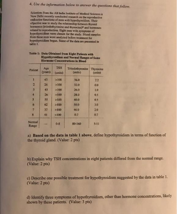 Solved 4. Use the information below to answer the questions | Chegg.com