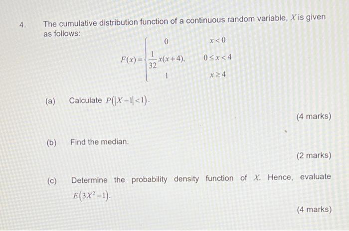 Solved 4. The cumulative distribution function of a | Chegg.com