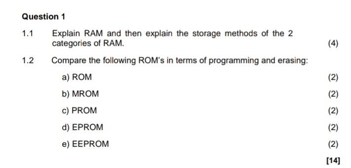 Solved 1.1 Explain RAM and then explain the storage methods | Chegg.com