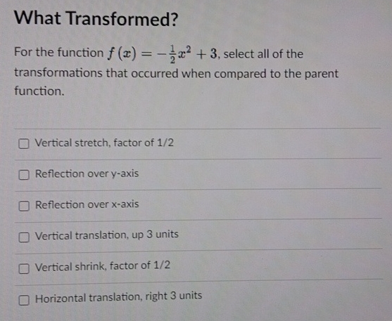Solved What Transformed?For the function f(x)=-12x2+3, | Chegg.com