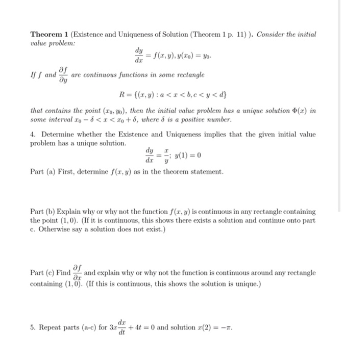 Solved Theorem 1 (Existence and Uniqueness of Solution | Chegg.com