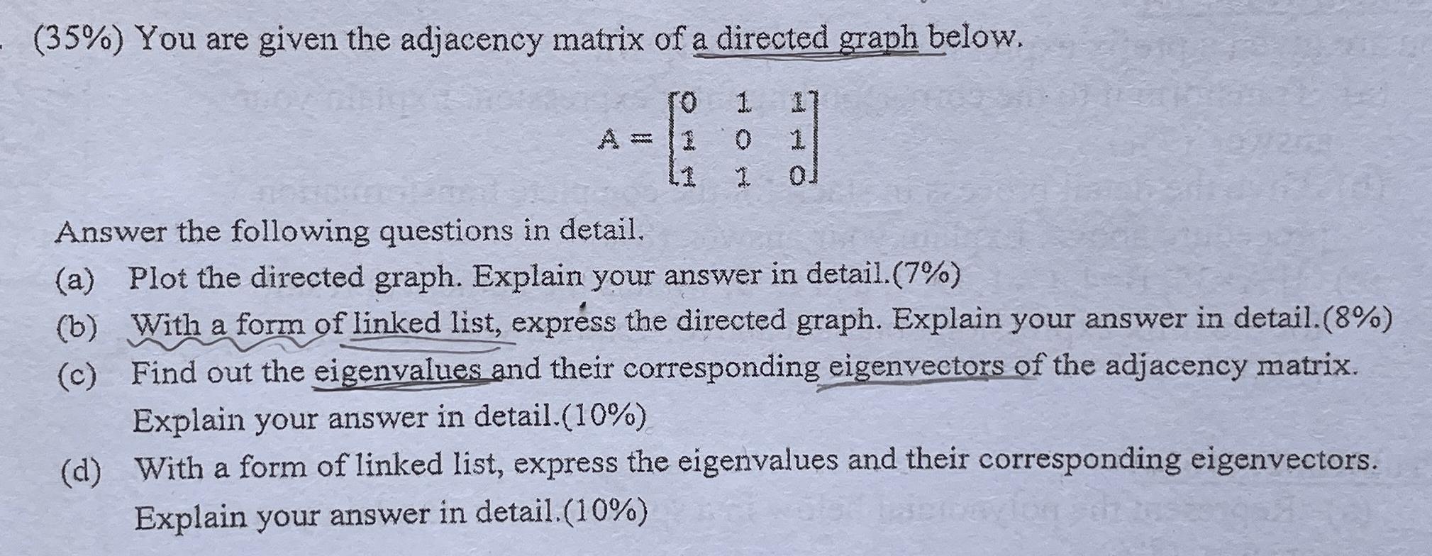 Solved (35%) ﻿You are given the adjacency matrix of a | Chegg.com