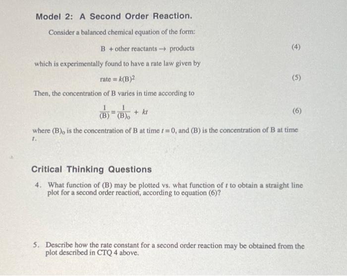 Solved Model 2: A Second Order Reaction. Consider a balanced | Chegg.com